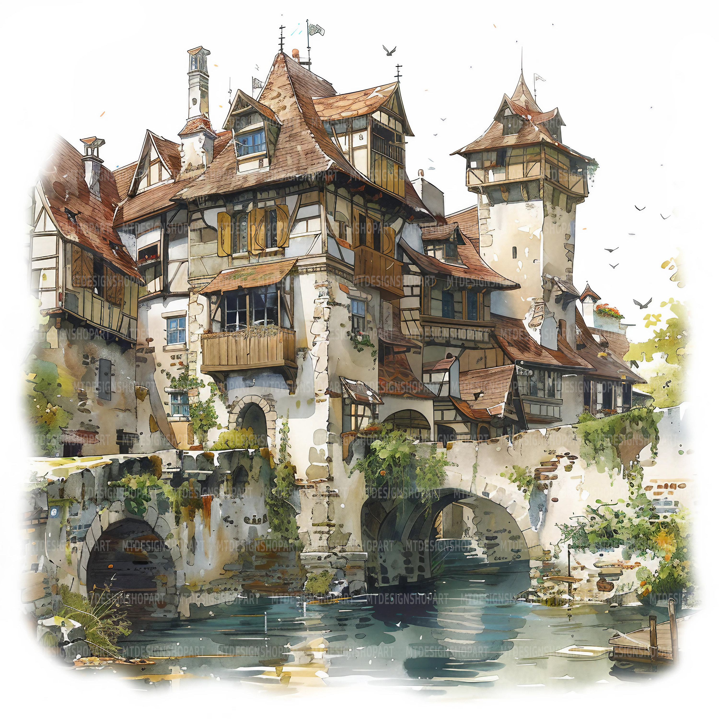 11 Old Lake Town Clipart, Old Town Bundle Clipart, Printable Watercolor ...