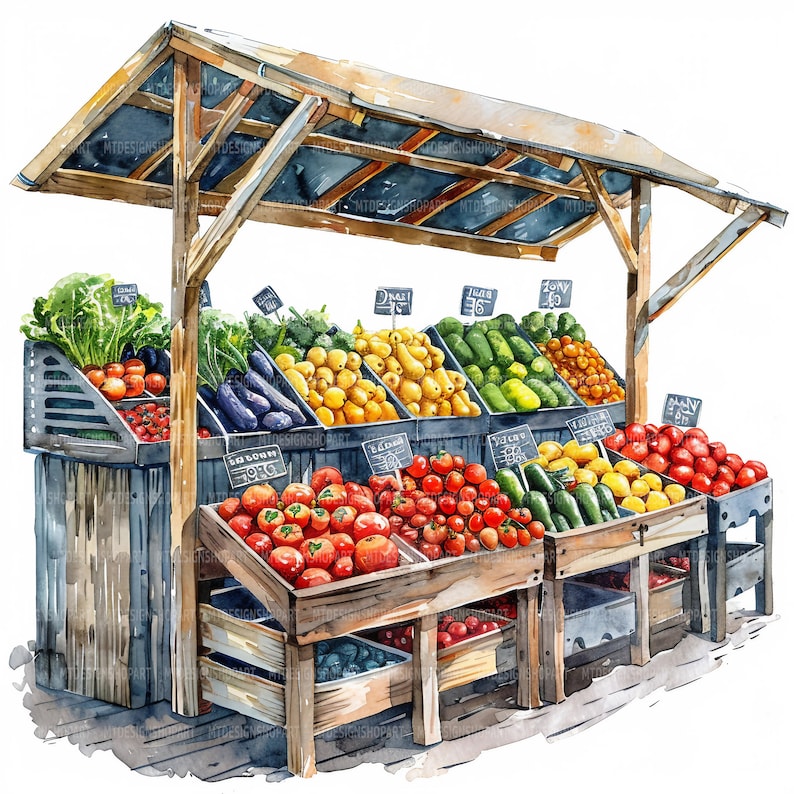 10 Farmers Market Clipart, Fruits and Vegetables Landscape, Printable ...