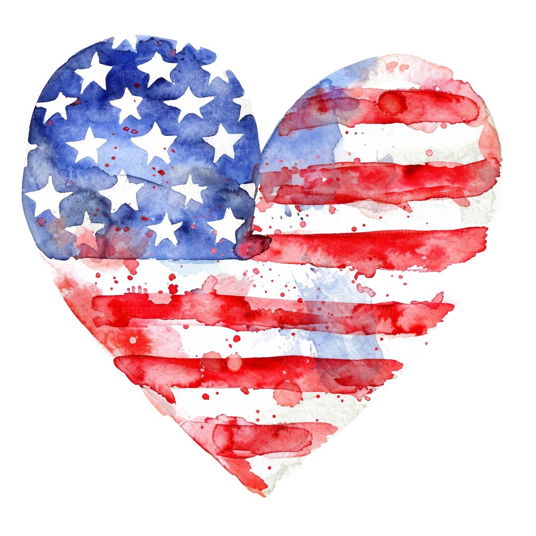 16 USA Flag Heart Clipart, American Flag Art, Printable Watercolor ...