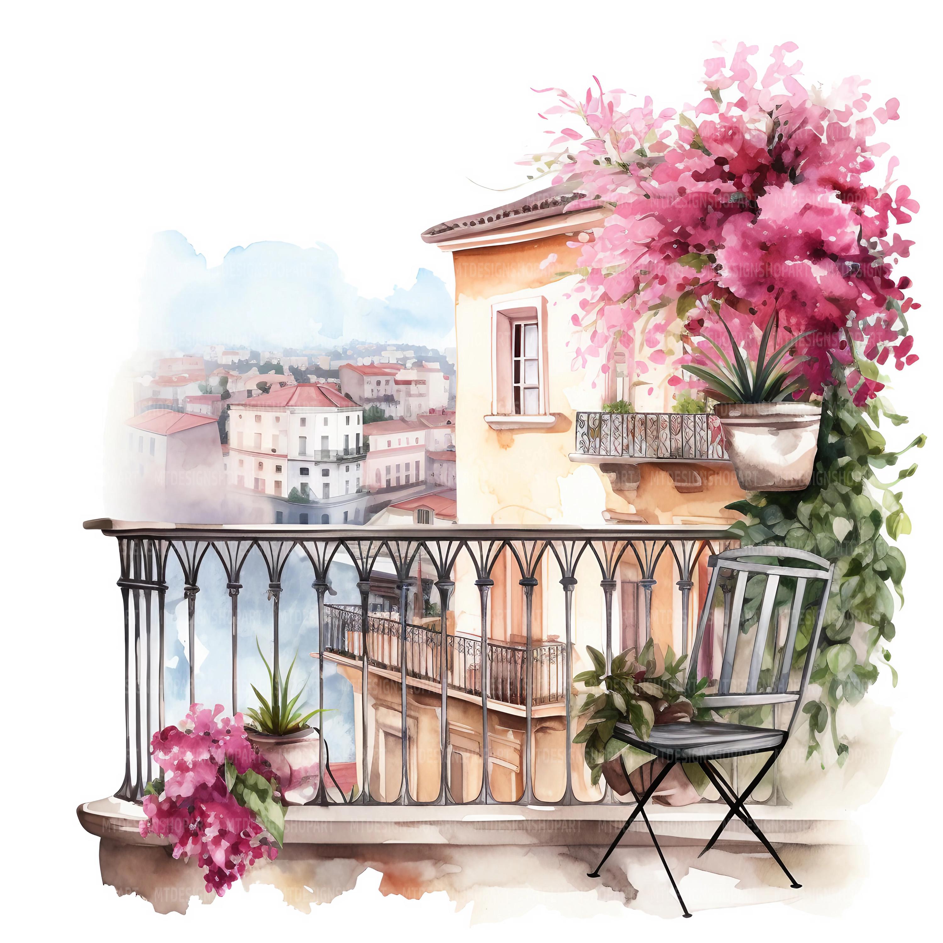 19 Floral Balcony Clipart, Balcony Flowers, Printable Watercolor ...
