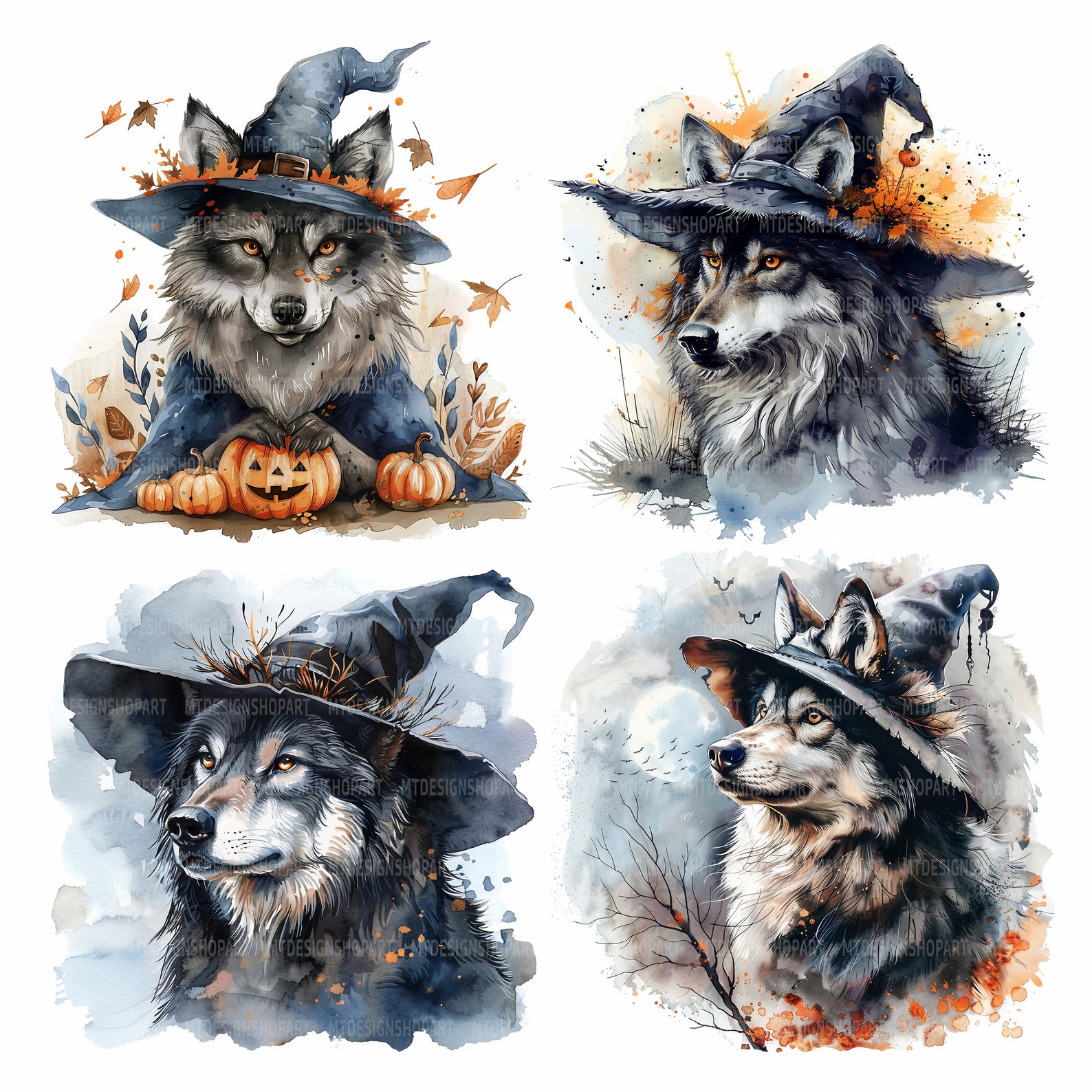 15 Wolf With Witch Hat Clipart, Halloween Wolf, Printable Watercolor ...