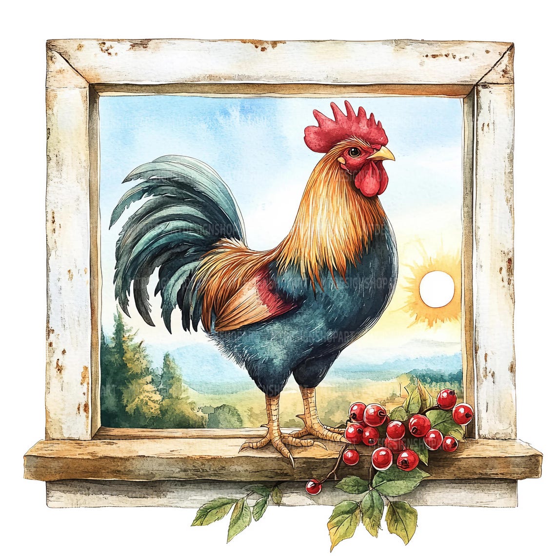 16 Rooster Window Clipart, Sunrise Rooster Clipart, , Printable ...