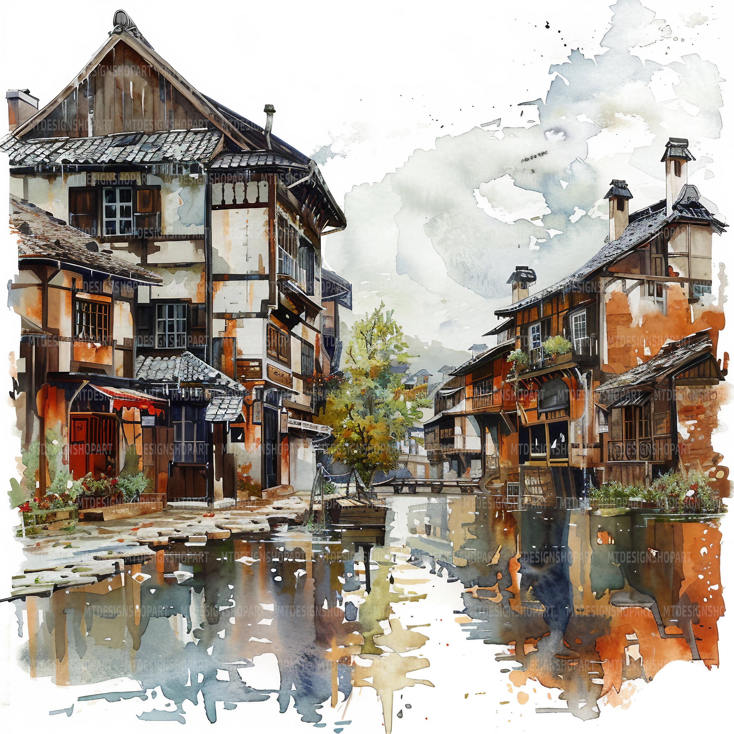 11 Old Lake Town Clipart, Old Town Bundle Clipart, Printable Watercolor ...