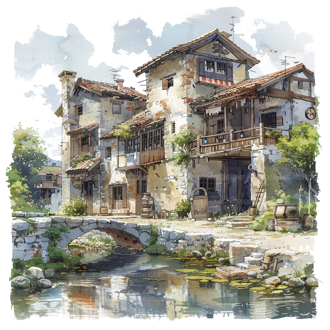 11 Old Lake Town Clipart, Old Town Bundle Clipart, Printable Watercolor ...