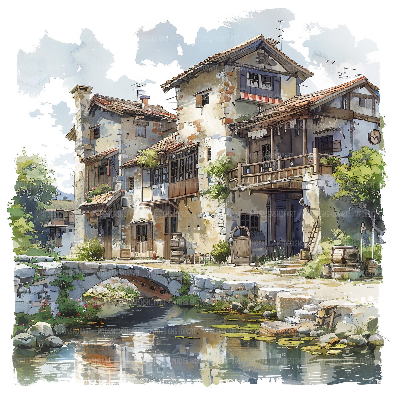 11 Old Lake Town Clipart, Old Town Bundle Clipart, Printable Watercolor ...