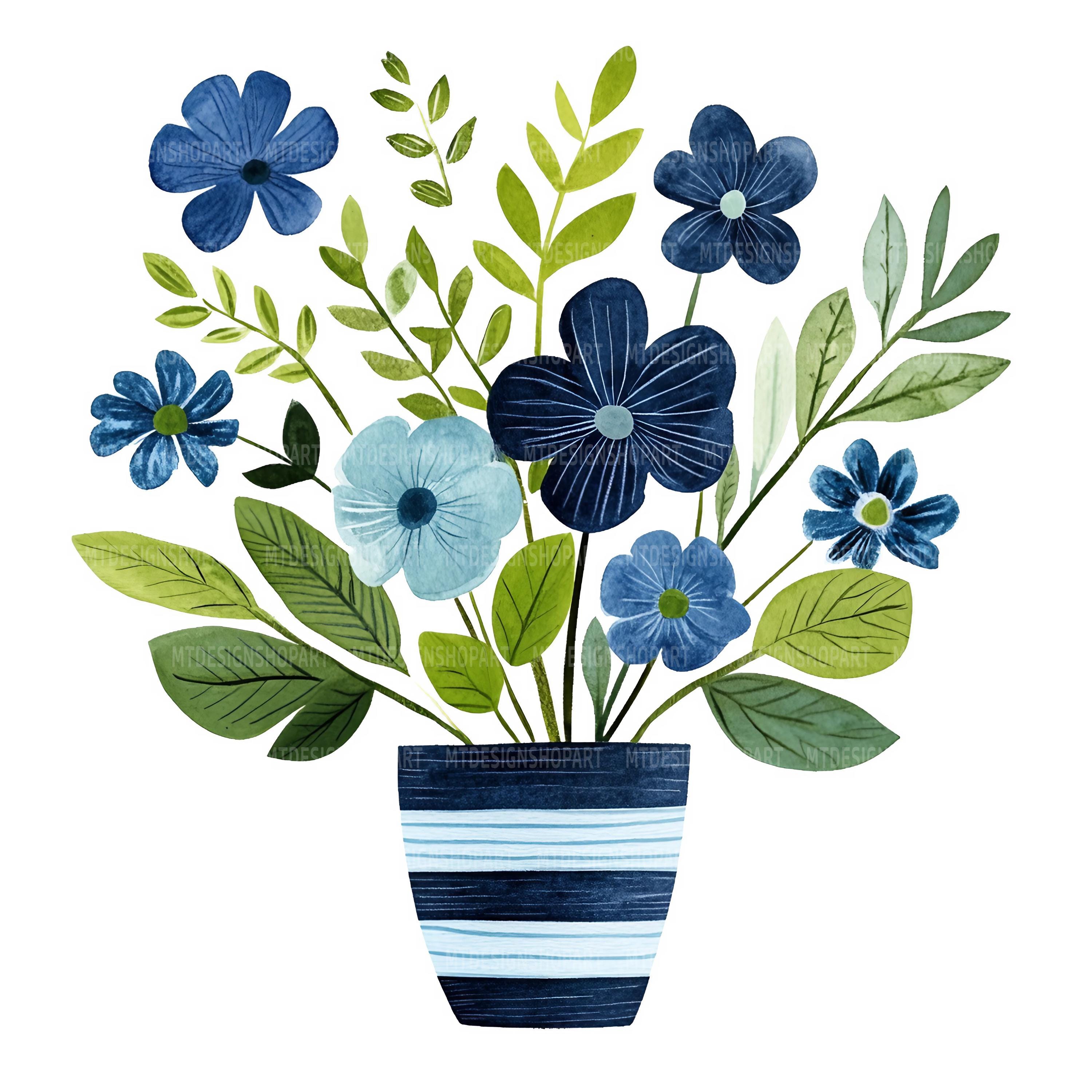 23 Blue Flowers Vase Clipart, Deft Blue Vase, Printable Watercolor ...