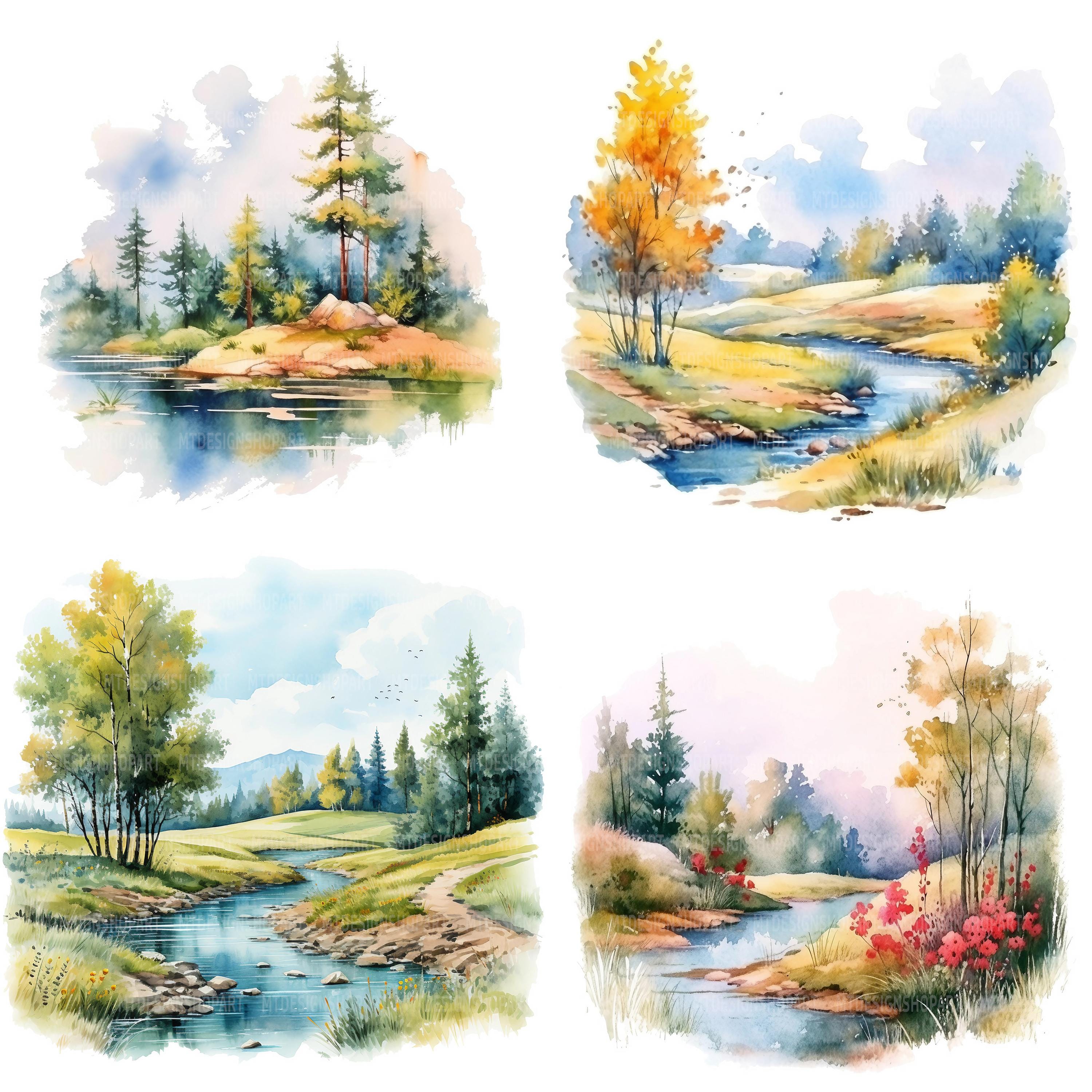 28 Nature Landscape Clipart, Mountain Clipart, Printable Watercolor ...