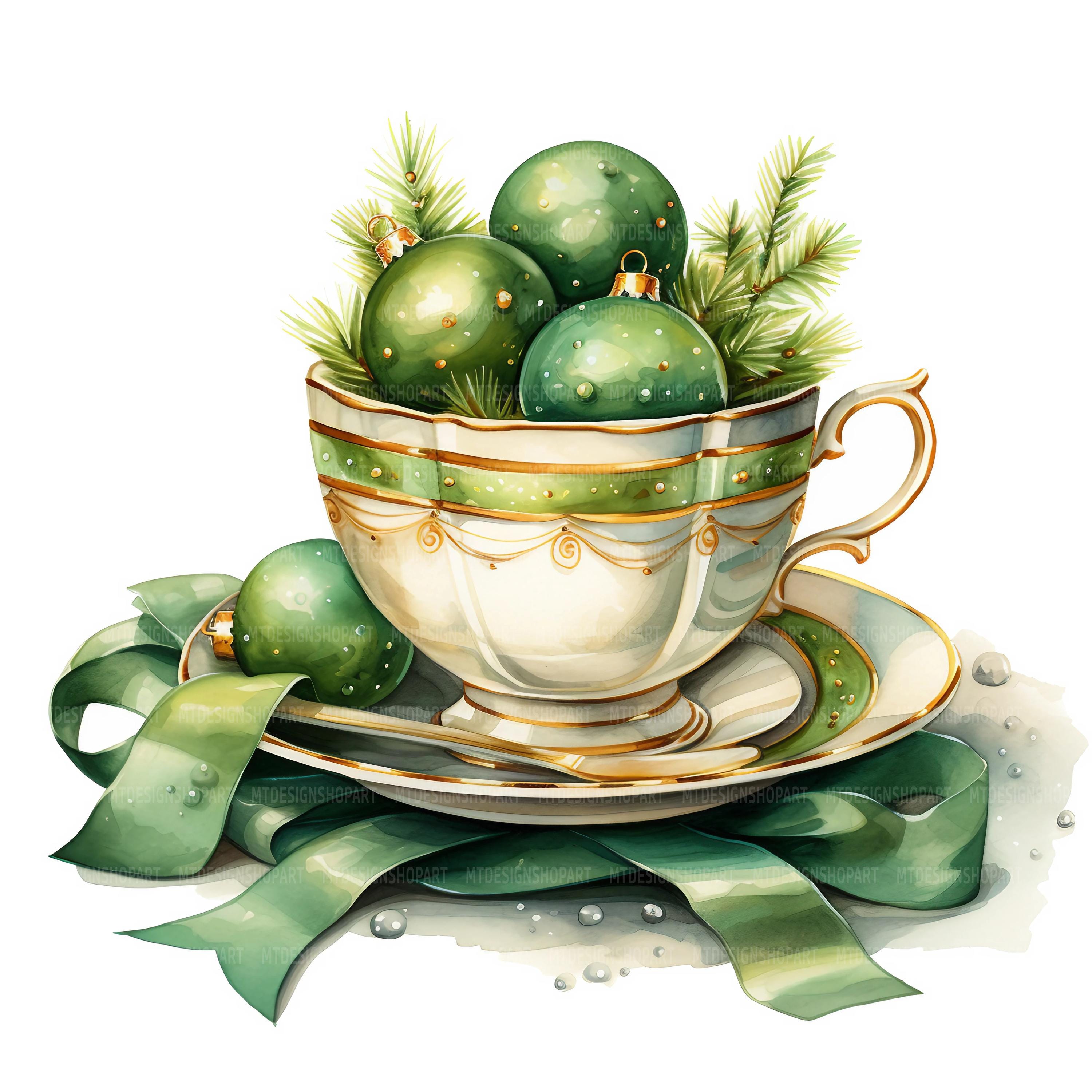 16 Green Christmas Tea Cup Clipart, Christmas Tea, Printable Watercolor ...