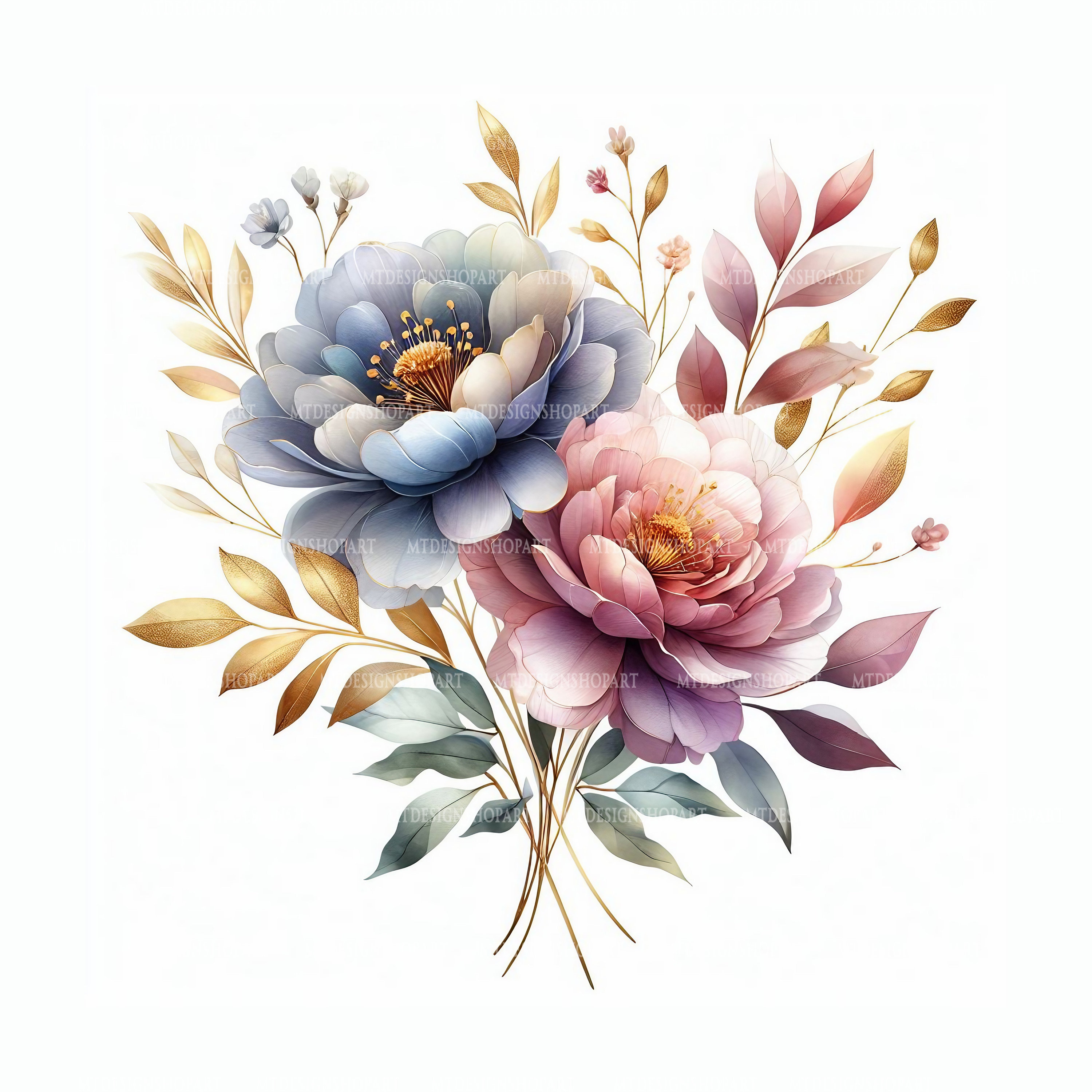 22 Flowers Bouquet Clipart, Bright Flowers, Printable Watercolor ...