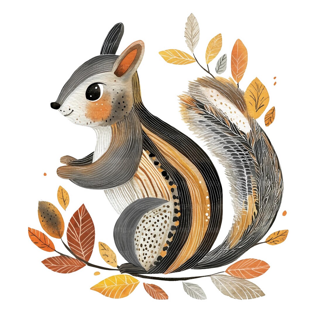 16 Squirrel Folk Art Clipart, Christmas Squirrel, Printable Watercolor ...