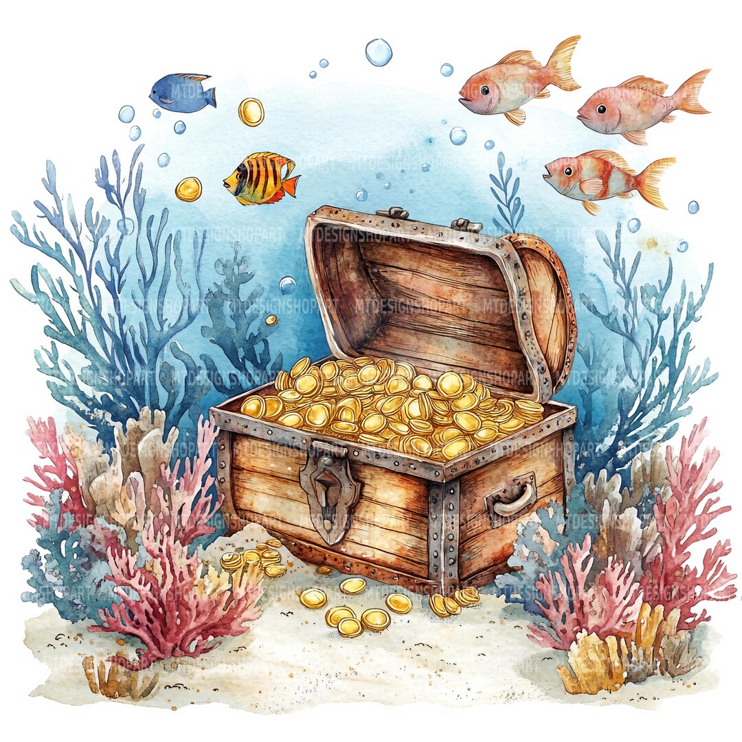 Treasure Chest Clipart: Nautical Gold Coins & Coral Reef (digital ...