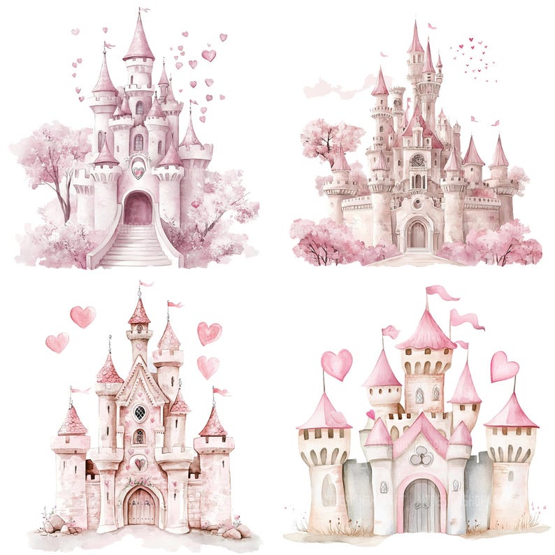 16 Watercolor Princess Heart Castle Clipart, JPG, Junk Journal Art ...