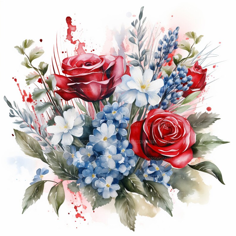 13 Roses Bouquet Clipart, USA Roses Clipart, Printable Watercolor ...