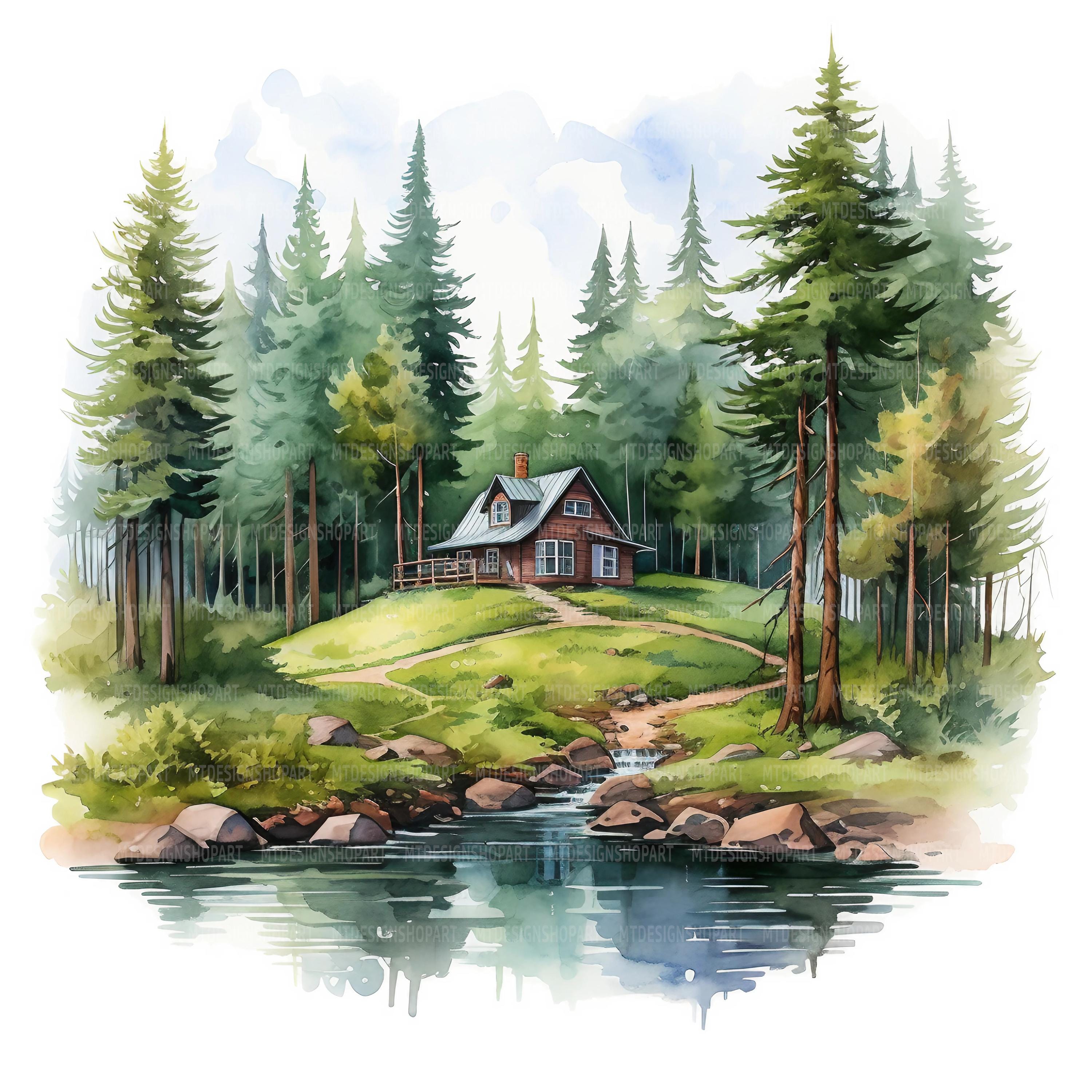 28 Cabin in Woods Clipart, Lakeside Cabin, Printable Watercolor Clipart ...