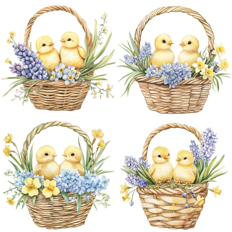 19 Chick in Easter Basket Clipart, Easter Clipart, Printable Watercolor ...