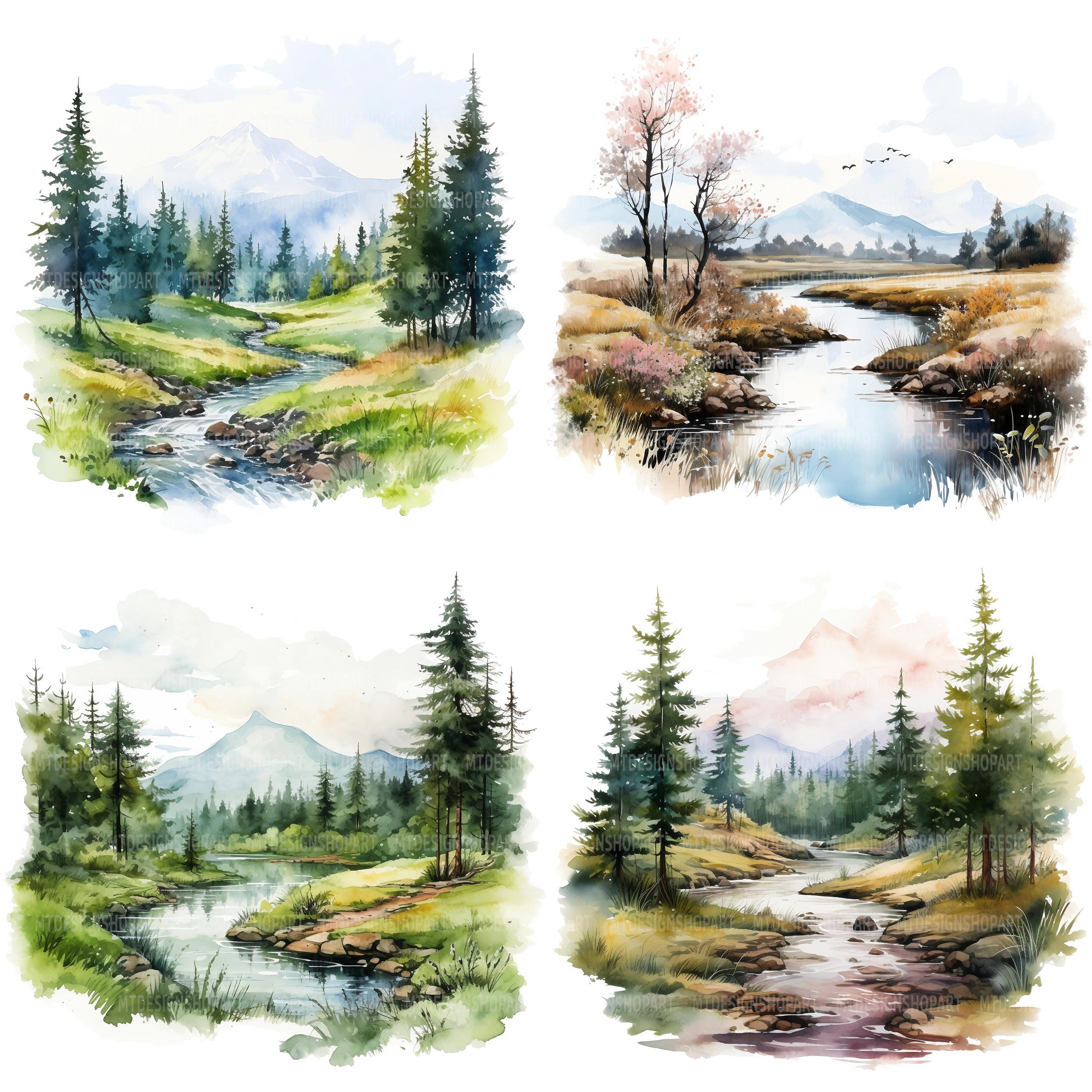 28 Nature Landscape Clipart, Mountain Clipart, Printable Watercolor ...