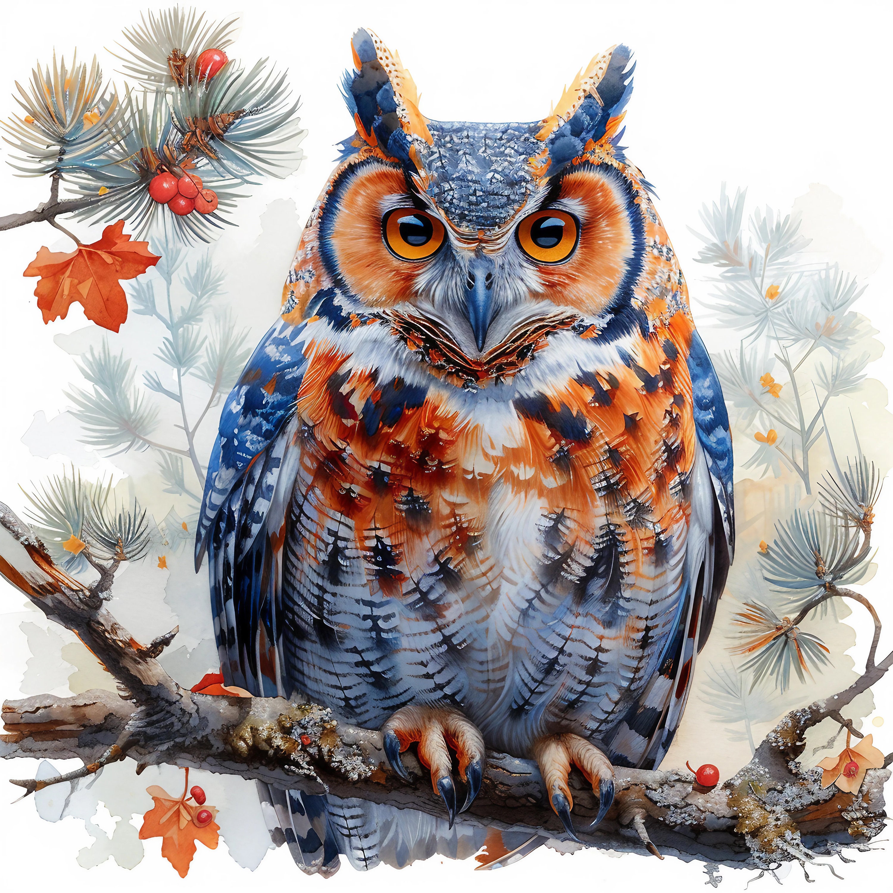 15 Owl on the Branch, Printable Watercolor Clipart, Watercolor Owl ...