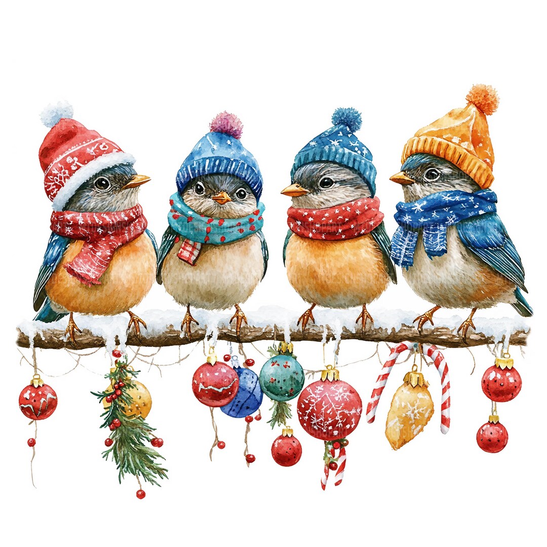 22 Christmas Birds Clipart, Festive Birds on Branch, Printable ...