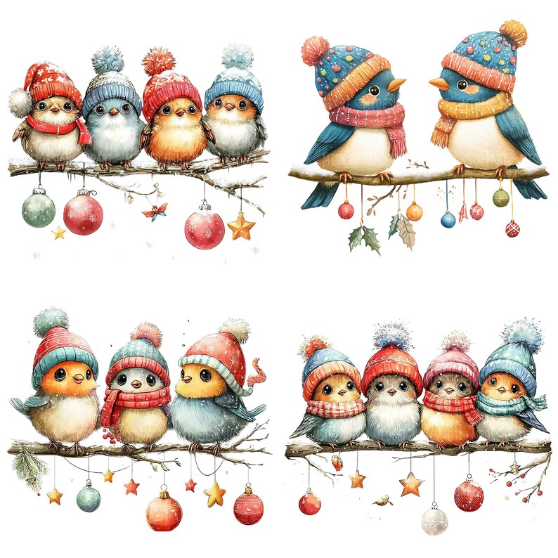 22 Christmas Birds Clipart, Festive Birds on Branch, Printable ...