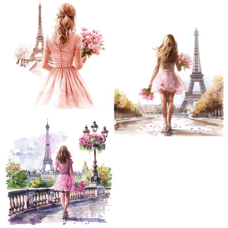18 Woman in Paris Clipart, Pink Flowers, Paris Bridge, Printable ...