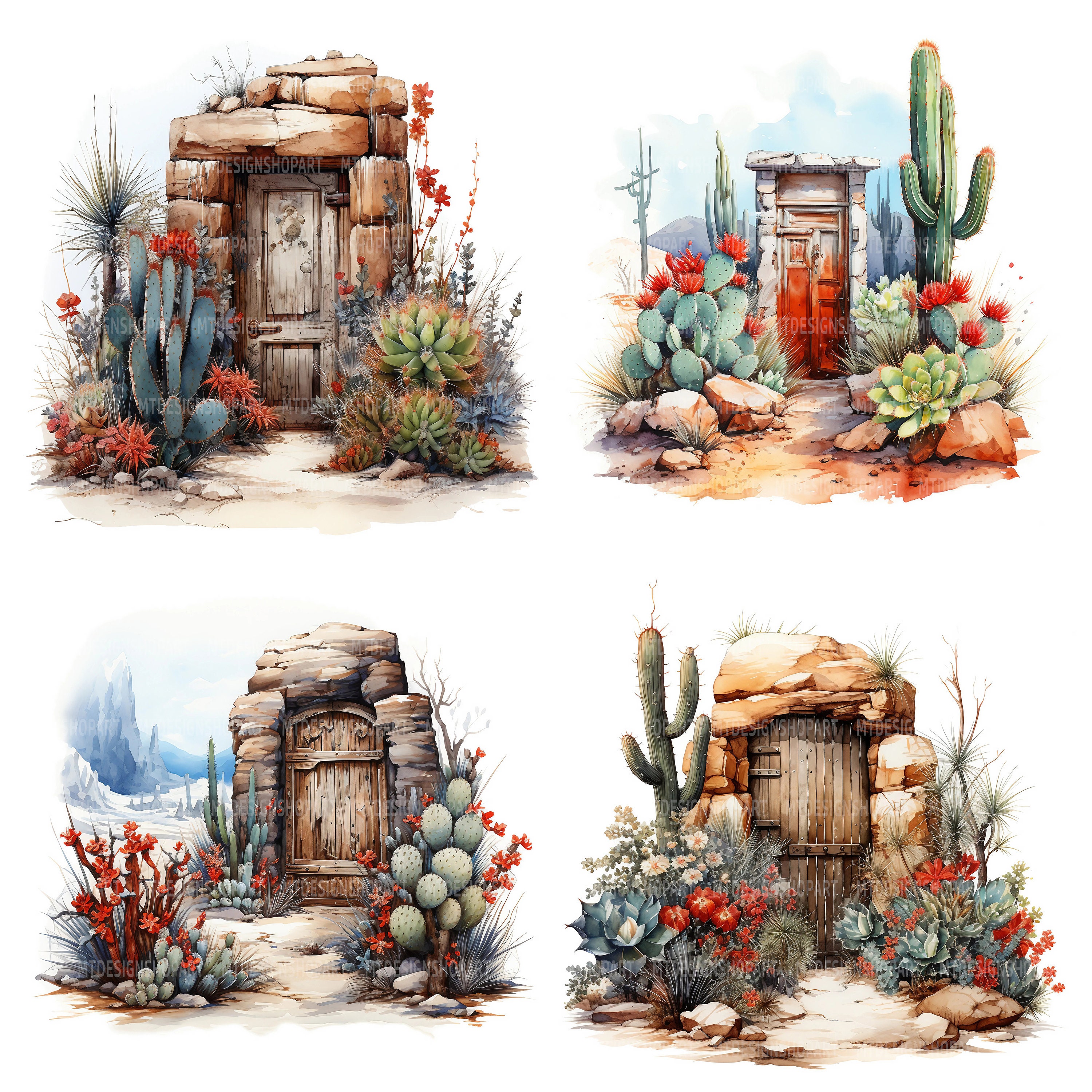 22 Old Rusty Door Clipart, Cactus With Flowers, Printable Watercolor ...