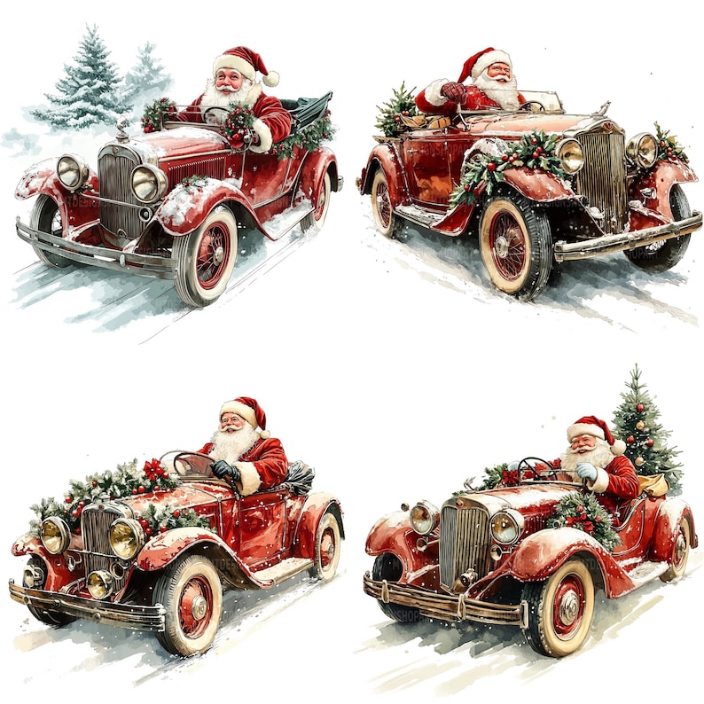 16 Festive Santa Car Clipart, Christmas Santa Claus Clipart, Printable ...