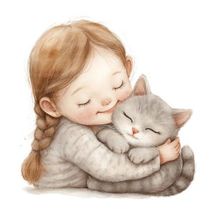 21 Little Girl Hugging Kitten Clipart, Kitten and Girl, Printable ...
