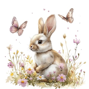 20 Bunny Butterfly and Wildflowers Clipart, Floral Rabbit, Printable ...
