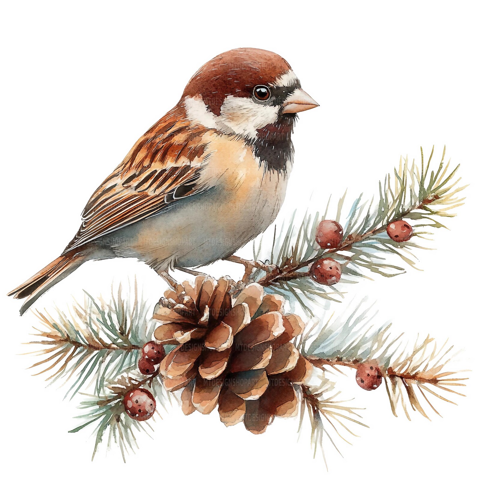 19 Sparrow Clipart, Sparrow on a Spruce Branch,, Printable Watercolor ...
