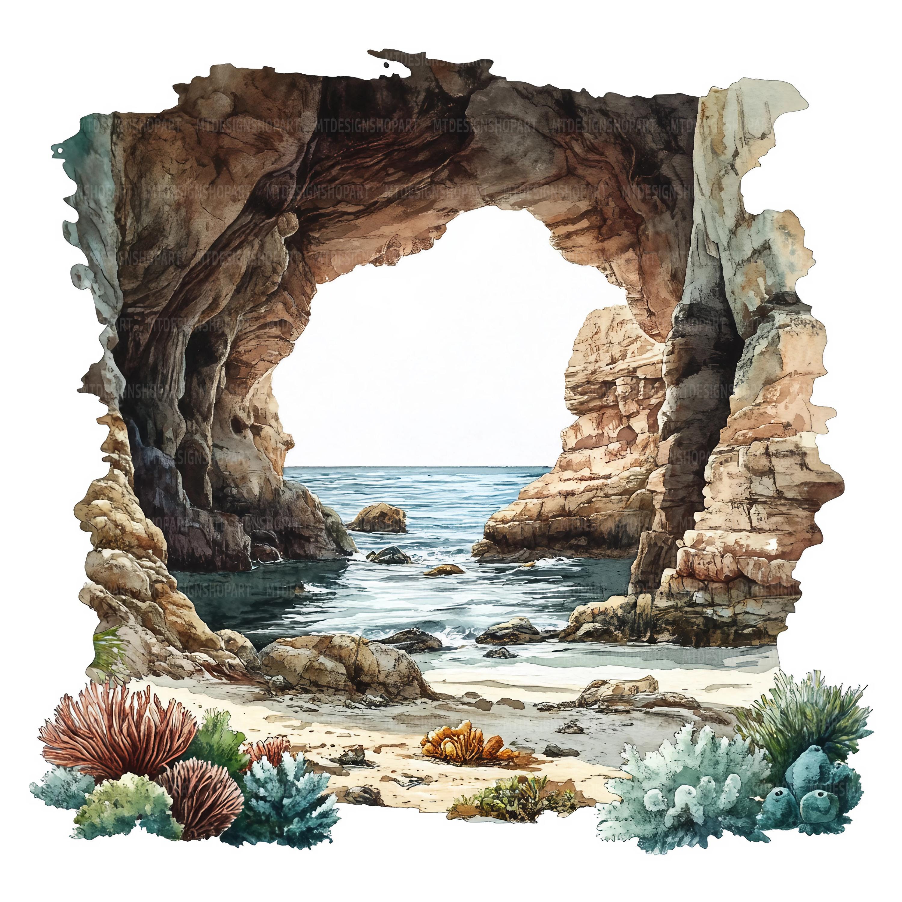 16 Sea Cave in Dliff Clipart, Cave Landscape, Printable Watercolor ...