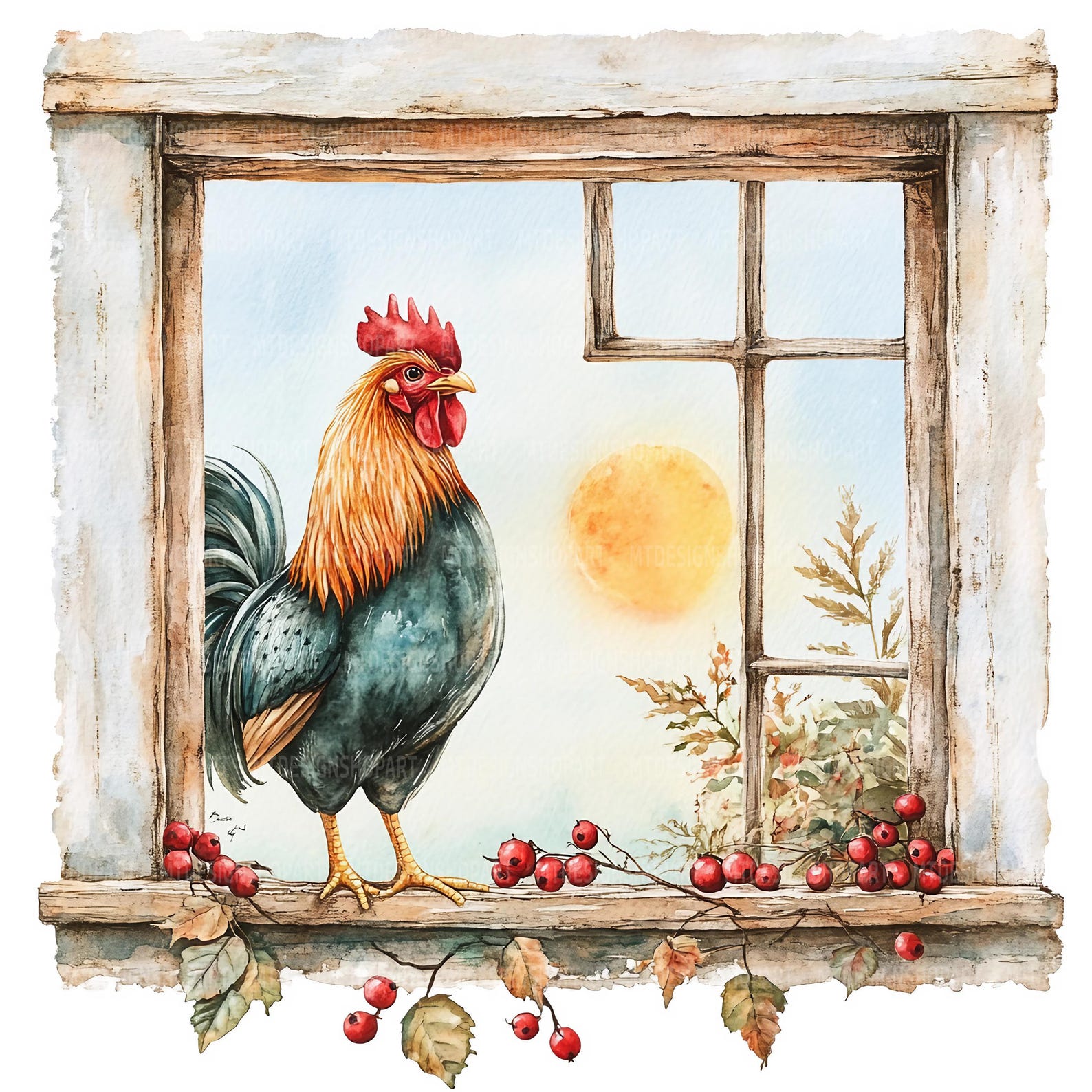 16 Rooster Window Clipart, Sunrise Rooster Clipart, , Printable ...