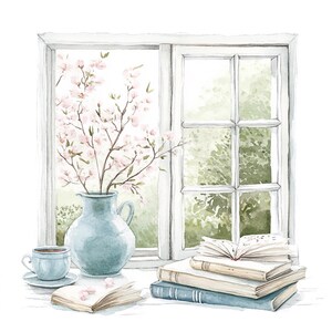 18 Window With Books Clipart, Cozy Window Scene, Printable Watercolor ...