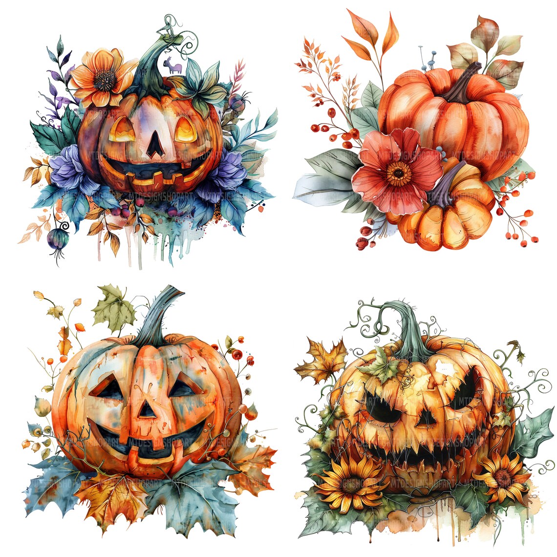 15 Pumpkins Clipart, Halloween Pumpkin, Printable Watercolor Clipart ...