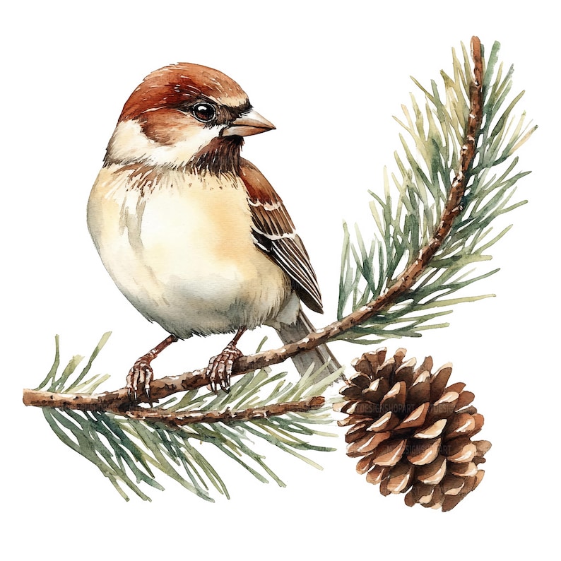 19 Sparrow Clipart, Sparrow on a Spruce Branch,, Printable Watercolor ...