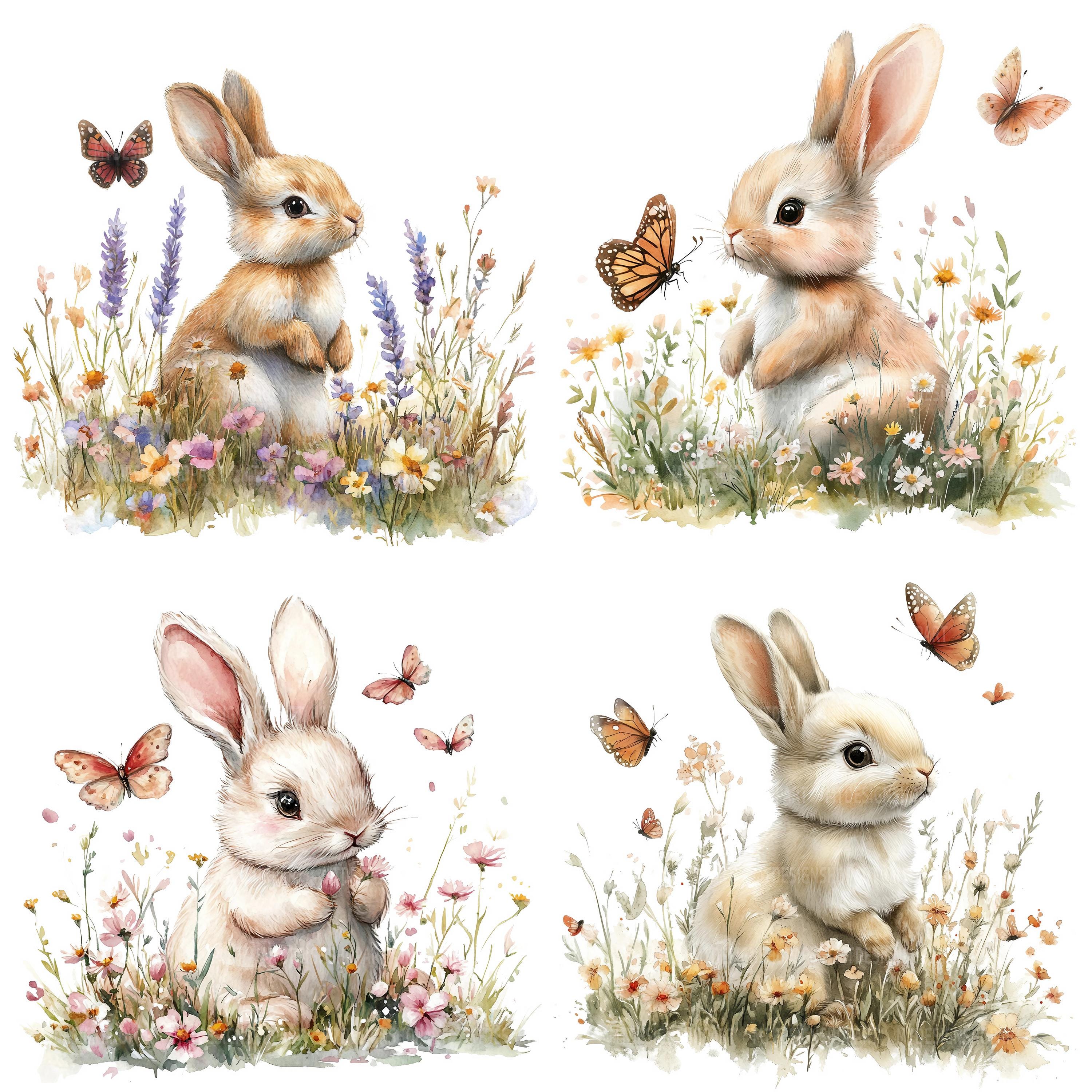 20 Bunny Butterfly and Wildflowers Clipart, Floral Rabbit, Printable ...