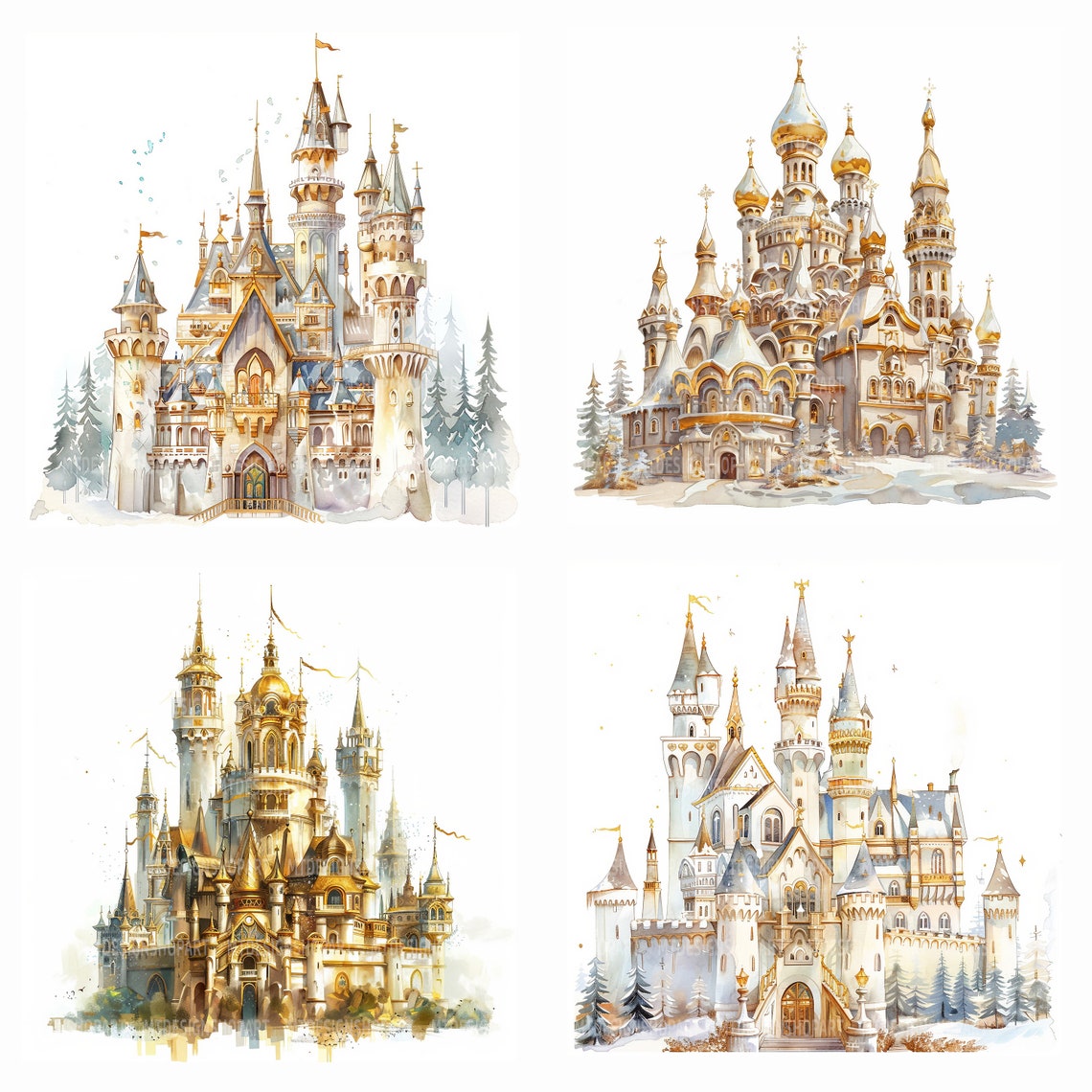 16 Golden Castle Clipart, Castle Clipart, Printable Watercolor Clipart ...