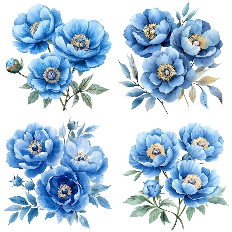 18 Blue Peonies Clipart, Peonies Bouquet, Printable Watercolor Clipart ...