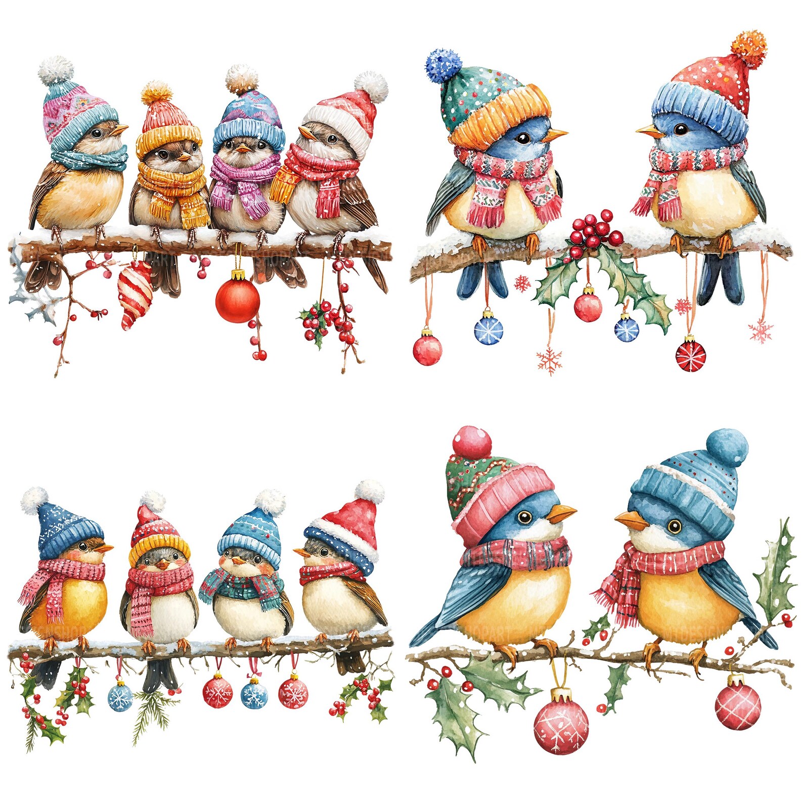 22 Christmas Birds Clipart, Festive Birds on Branch, Printable ...