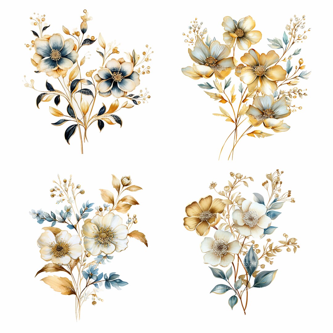 15 Gold Flower Clipart, Abstract Gold Floral, Printable Watercolor ...