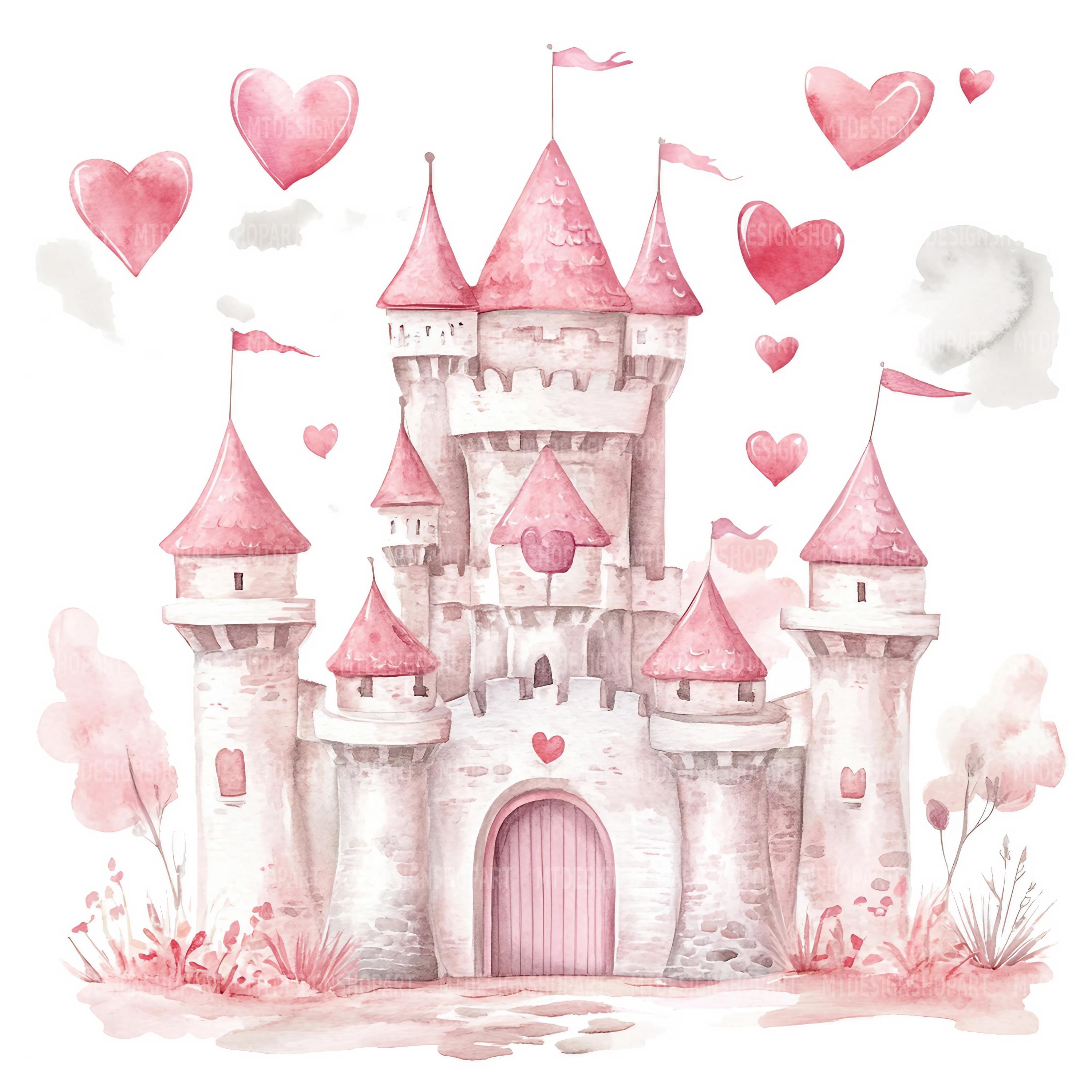 16 Watercolor Princess Heart Castle Clipart, JPG, Junk Journal Art ...
