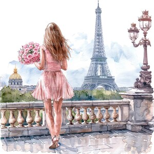 18 Woman in Paris Clipart, Pink Flowers, Paris Bridge, Printable ...