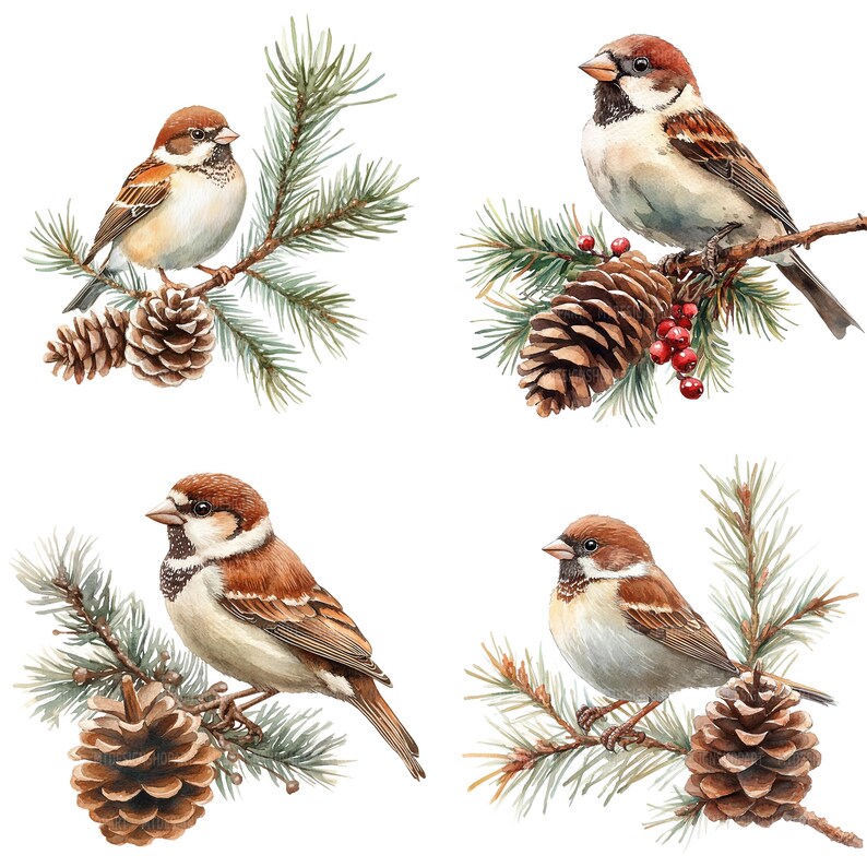 19 Sparrow Clipart, Sparrow on a Spruce Branch,, Printable Watercolor ...