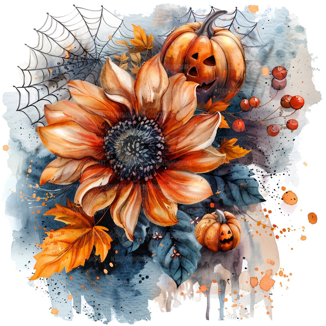12 Halloween Flower Clipart, Flowers Clipart, Printable Watercolor ...