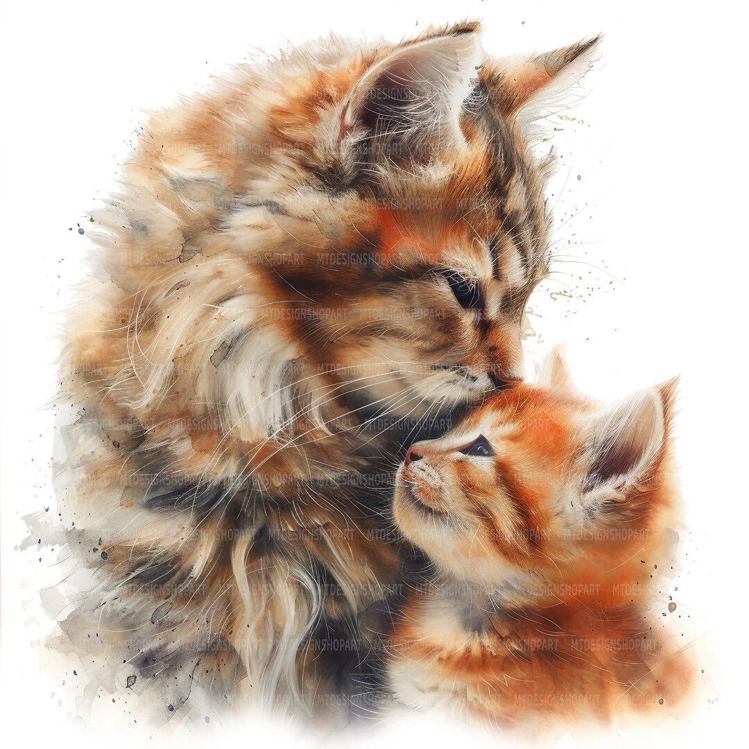 11 Cat and Kitten Clipart Set 2, Kitten Landscape, Printable Watercolor ...