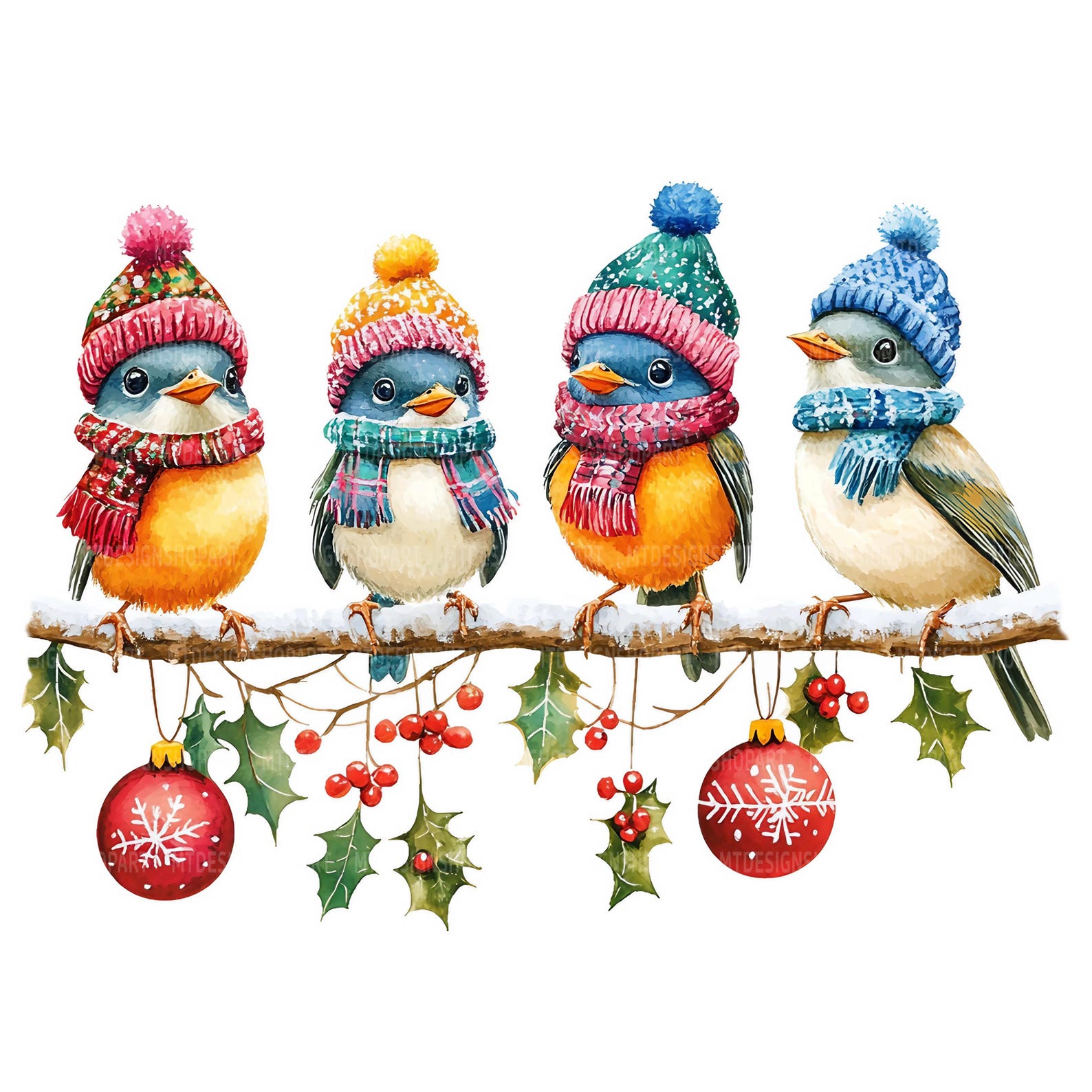 22 Christmas Birds Clipart, Festive Birds on Branch, Printable ...