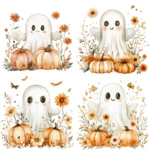 24 Cute Ghost Clipart, Autumn Flowers, Printable Watercolor Clipart ...