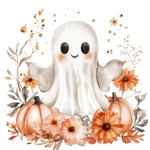 24 Cute Ghost Clipart, Autumn Flowers, Printable Watercolor Clipart ...