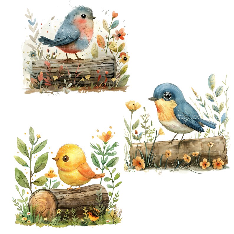 16 Charming Bird on Log Clipart, Bird on Branch Landscape, Printable ...