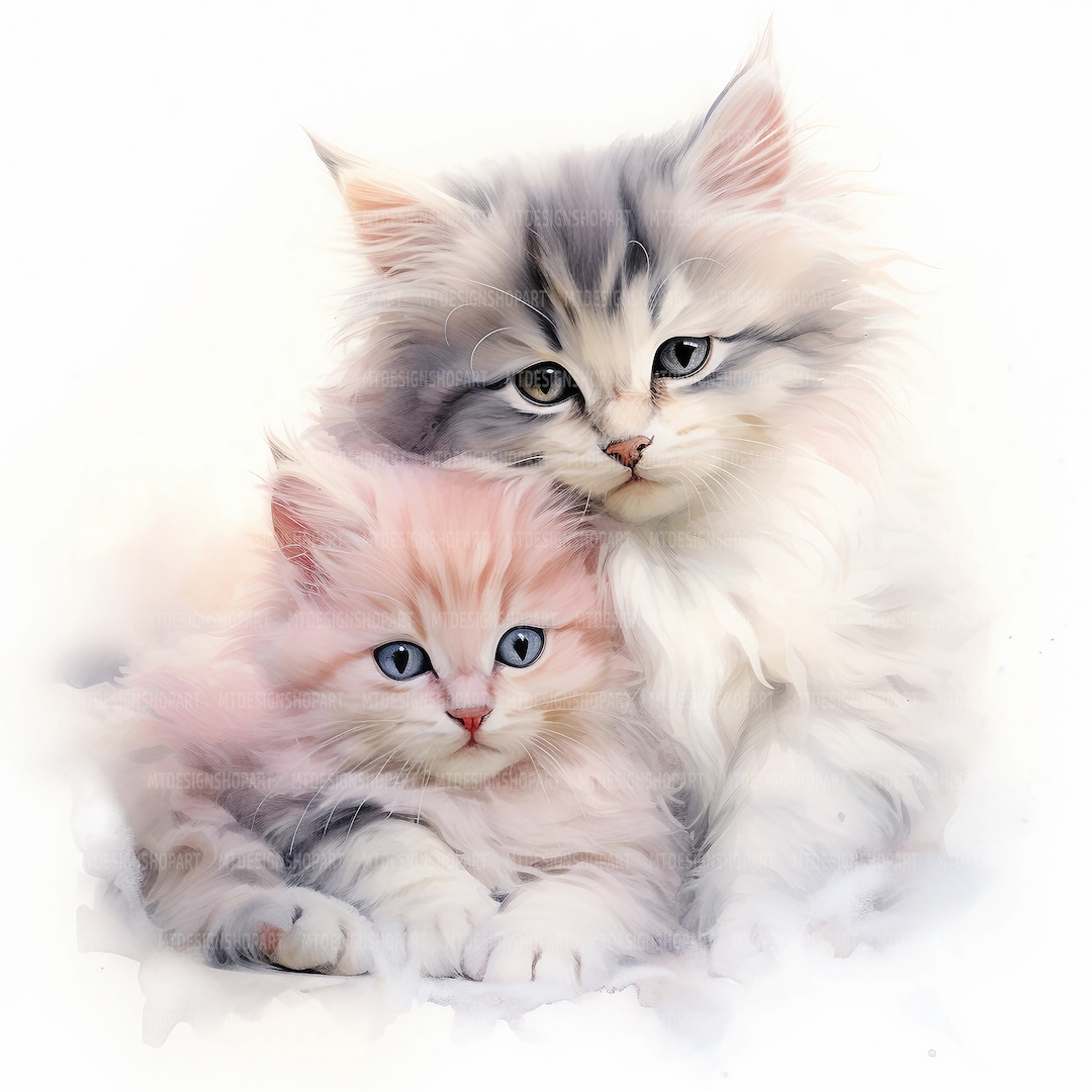 17 Cat and Kitten Clipart, Cats Love Landscape, Printable Watercolor ...