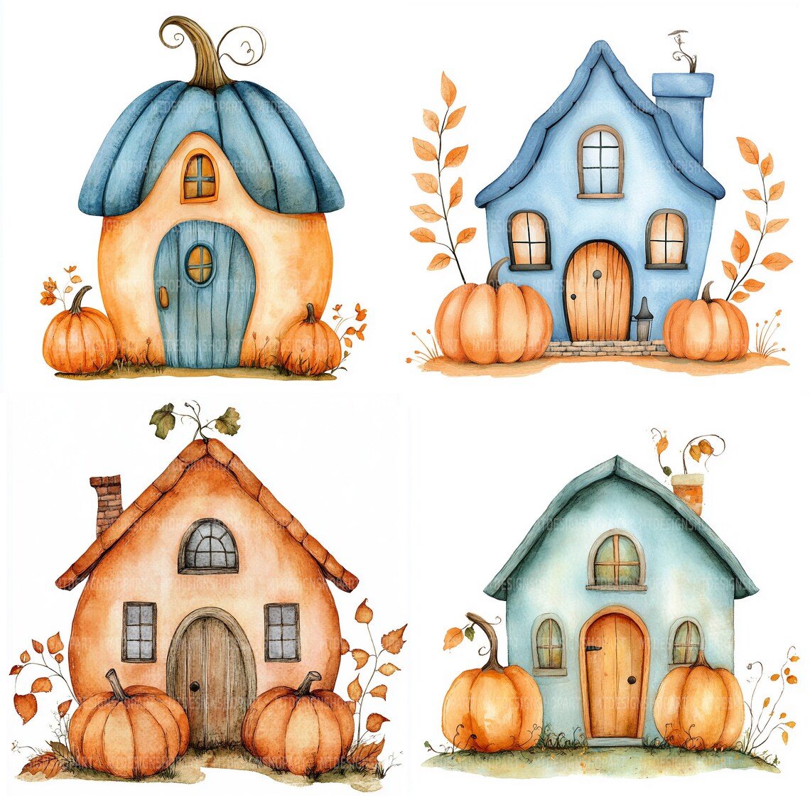 24 Pumpkin House Clipart, Pumpkin Fairy House, Printable Watercolor ...